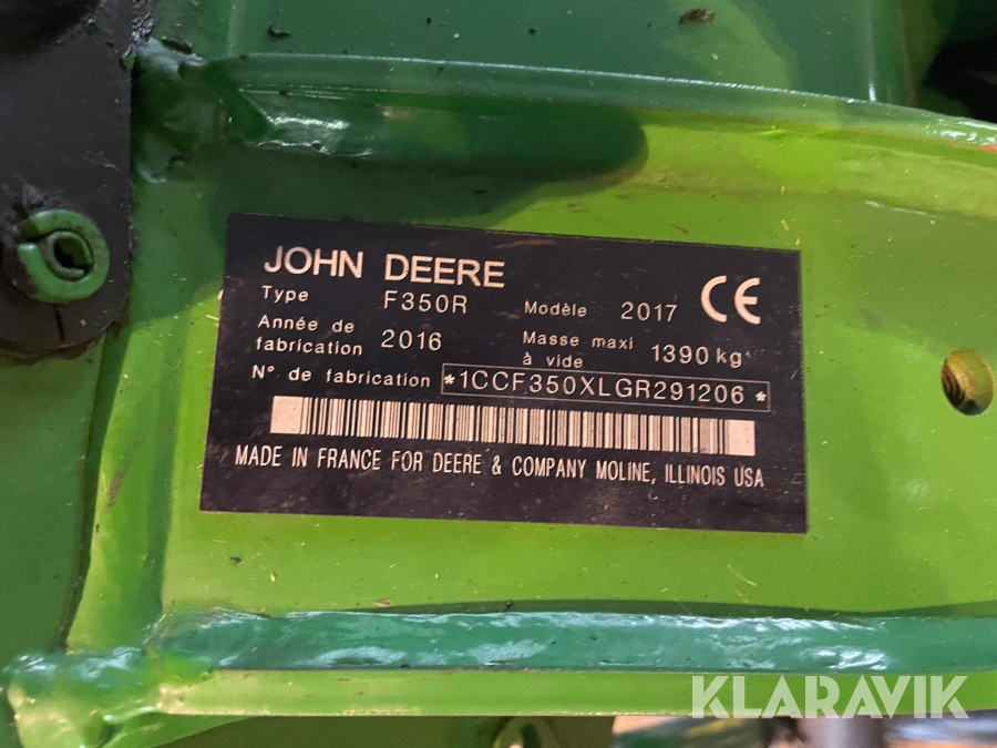 Frontslåtterkross John deere F350R, Eksjö, Klaravik auktione