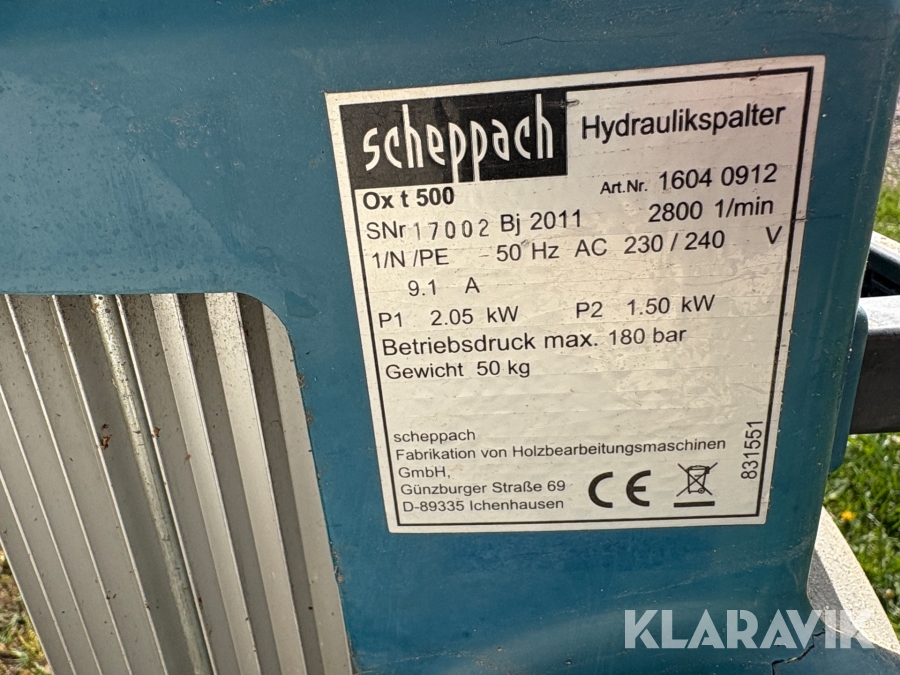 Vedklyv Scheppach Ox t 500, Stenungsund, Klaravik auktioner